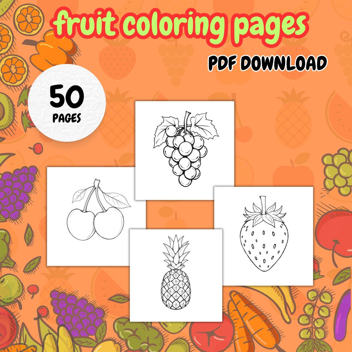 Fruits Coloring Pages for Kids, Printable Fruit Coloring Books, 50 ...