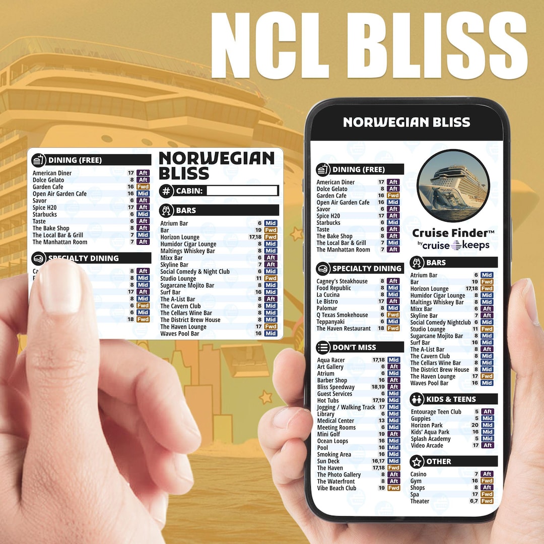 Norwegian Bliss Cruise Ship Deck Finder Cards: Phone & Printable ...
