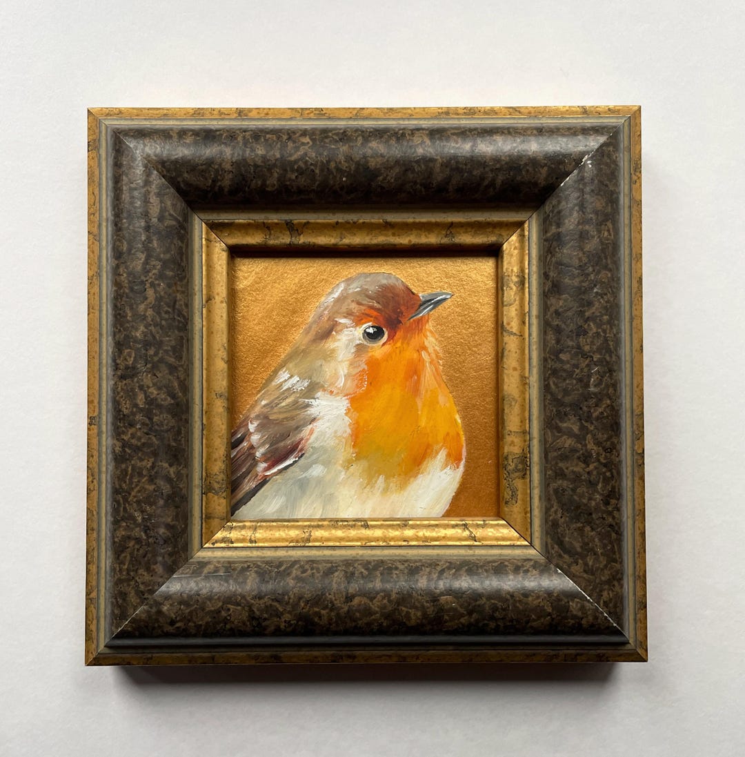 Gold Robin Bird Painting Original Oil Paint Artwork in Ornate Vintage ...