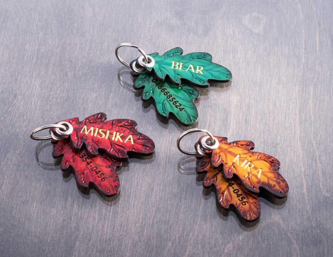 Oak Leaf Double Dog ID Name Tag With Phone Number for Collar Natural ...