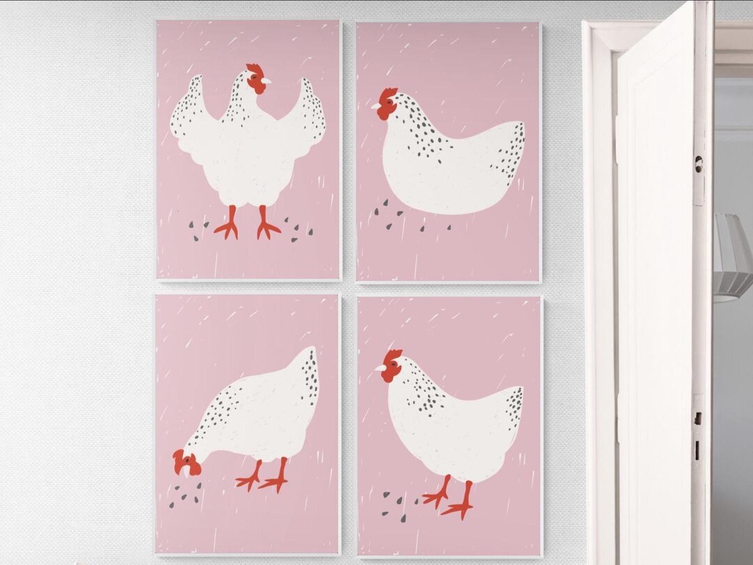 Set of 4 Chickens Art Prints: Farmhouse Cottage Decor (digital Download ...