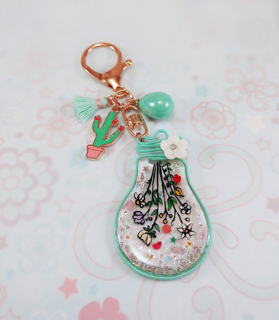 Hand Wired Terrarium Bulb Purse Charm Turquoise Flower Light - Etsy