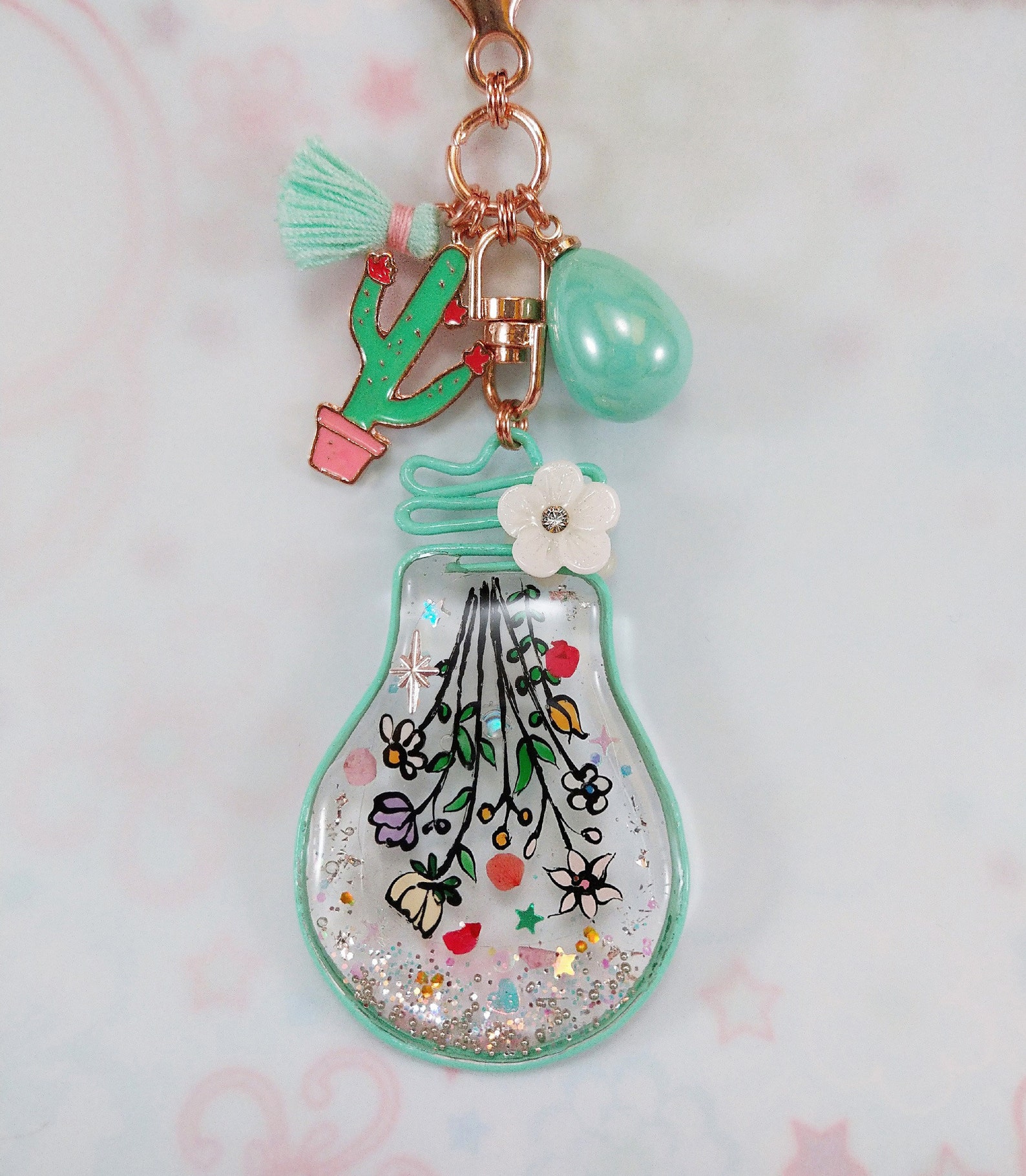 Hand Wired Terrarium Bulb Purse Charm Turquoise Flower Light - Etsy