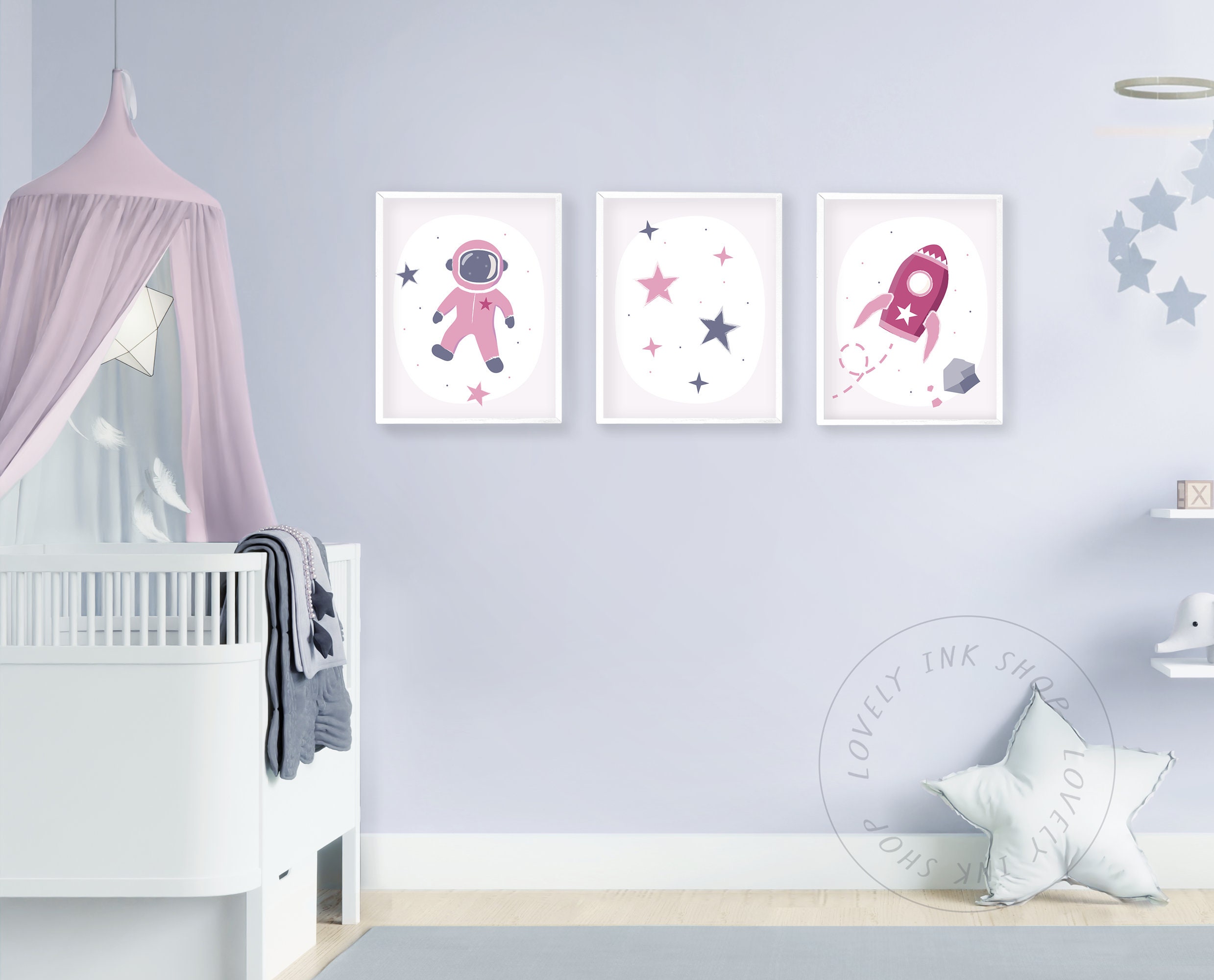 Pink Outer Space Astronaut Spaceship Printable Wall Art - Pink Outer ...