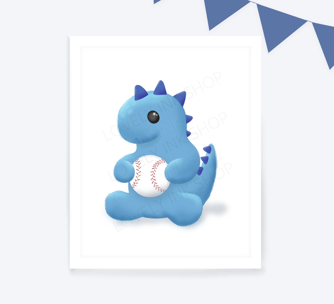 Baseball Dinosaurs Kid's Art Printable Blue Nursery Art | Etsy