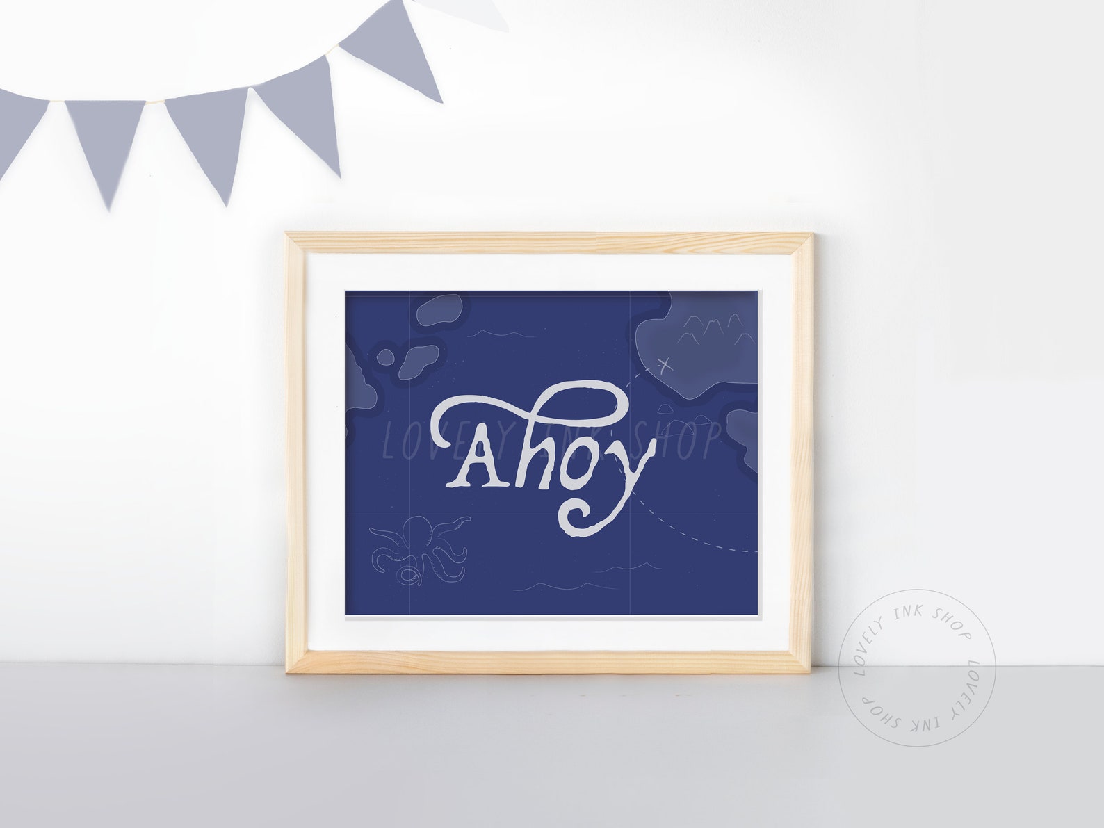 Nautical Nursery Art - Ahoy Poster Treasure Map Wall Art - Navy Blue ...
