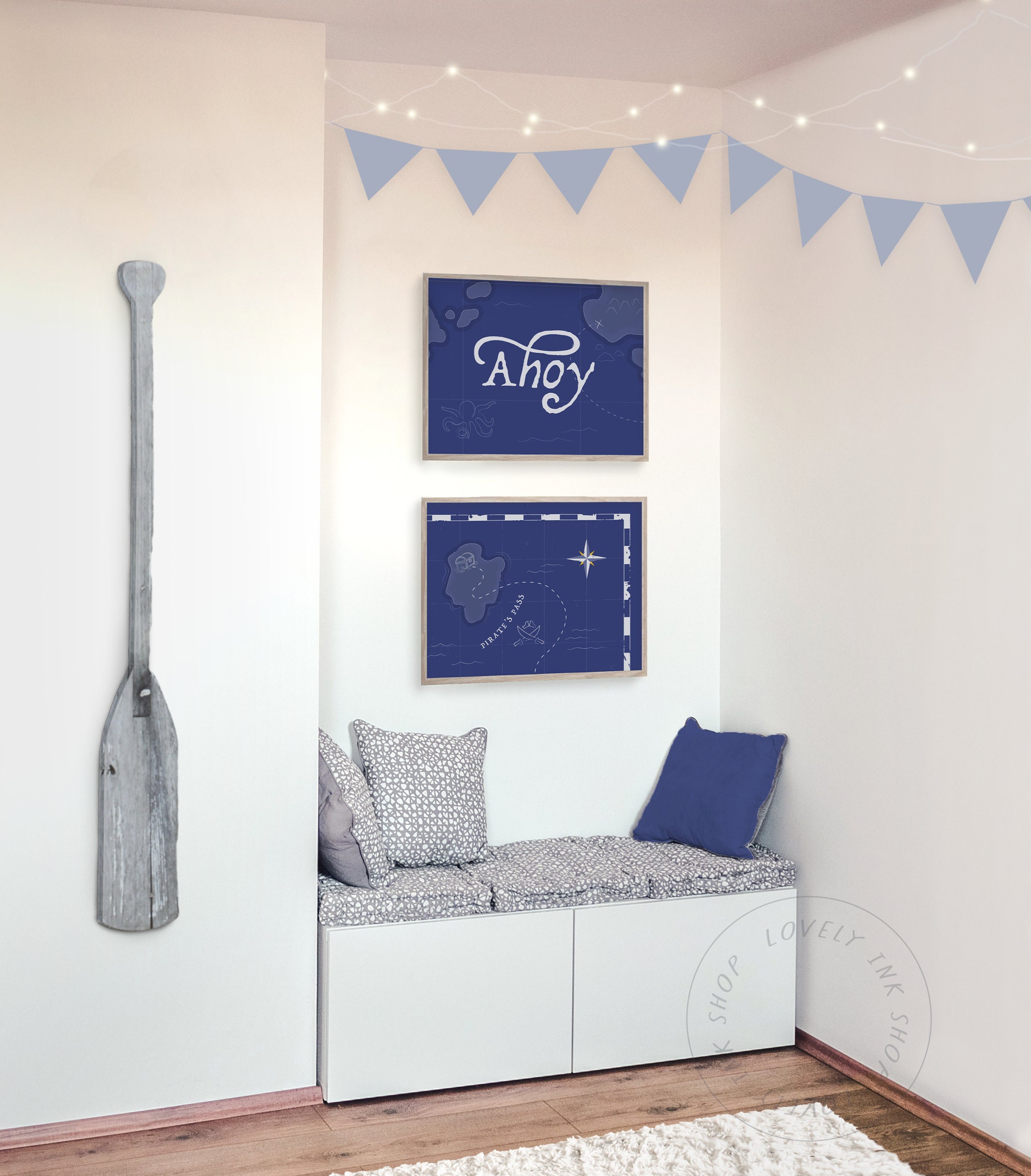Nautical Nursery Art - Ahoy Poster Treasure Map Wall Art - Navy Blue ...