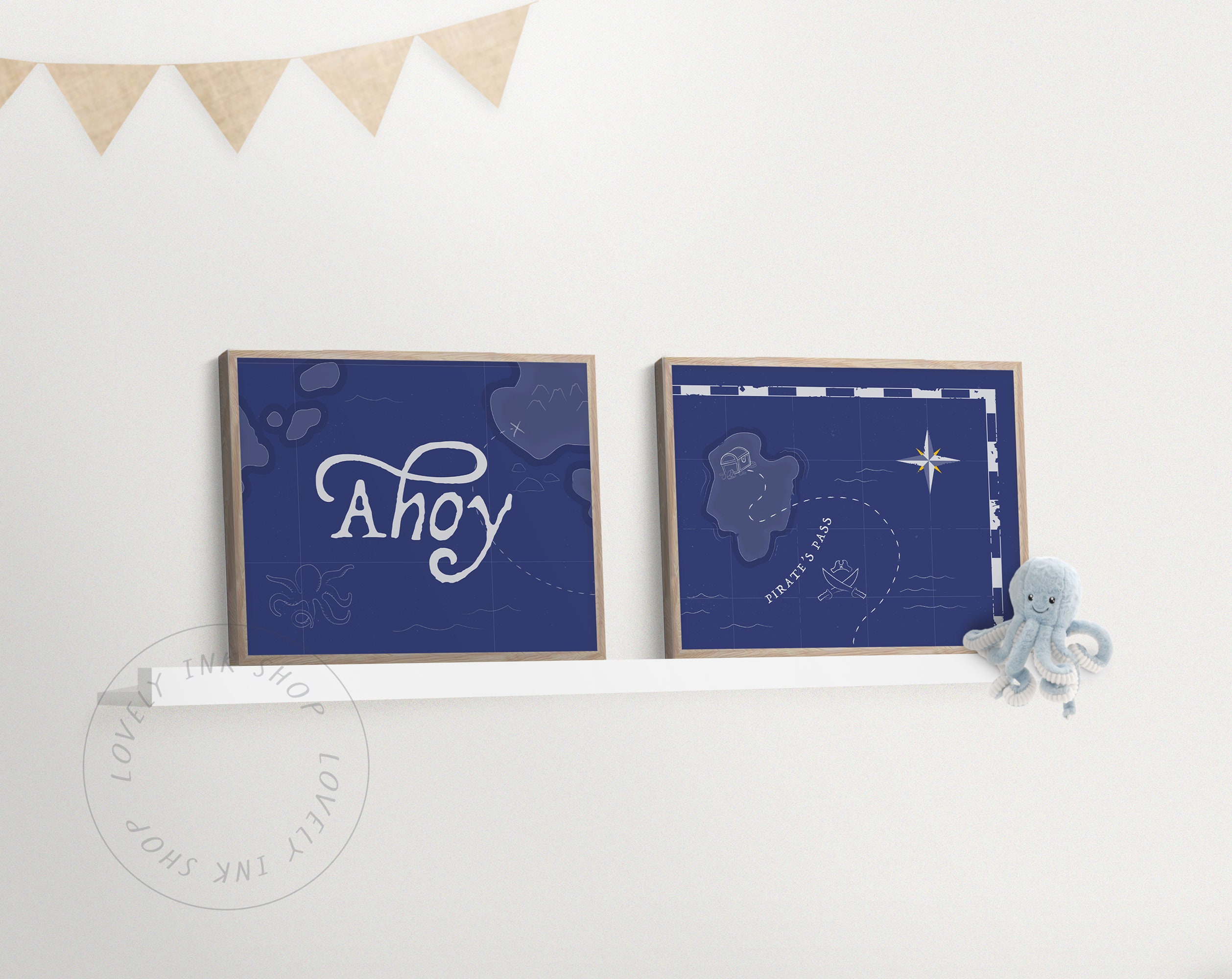Nautical Nursery Art - Ahoy Poster Treasure Map Wall Art - Navy Blue ...