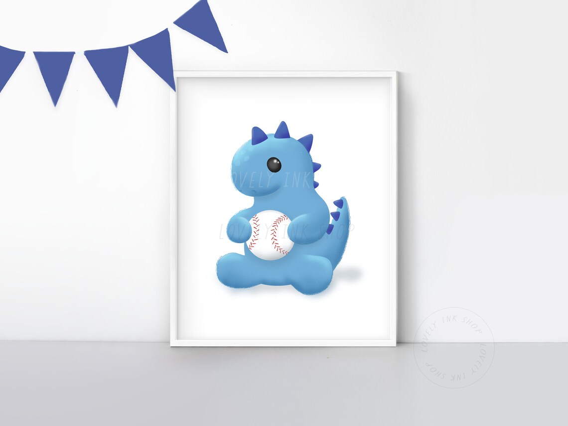 Baseball Dinosaurs Kid's Art Printable Blue Nursery Art - Etsy