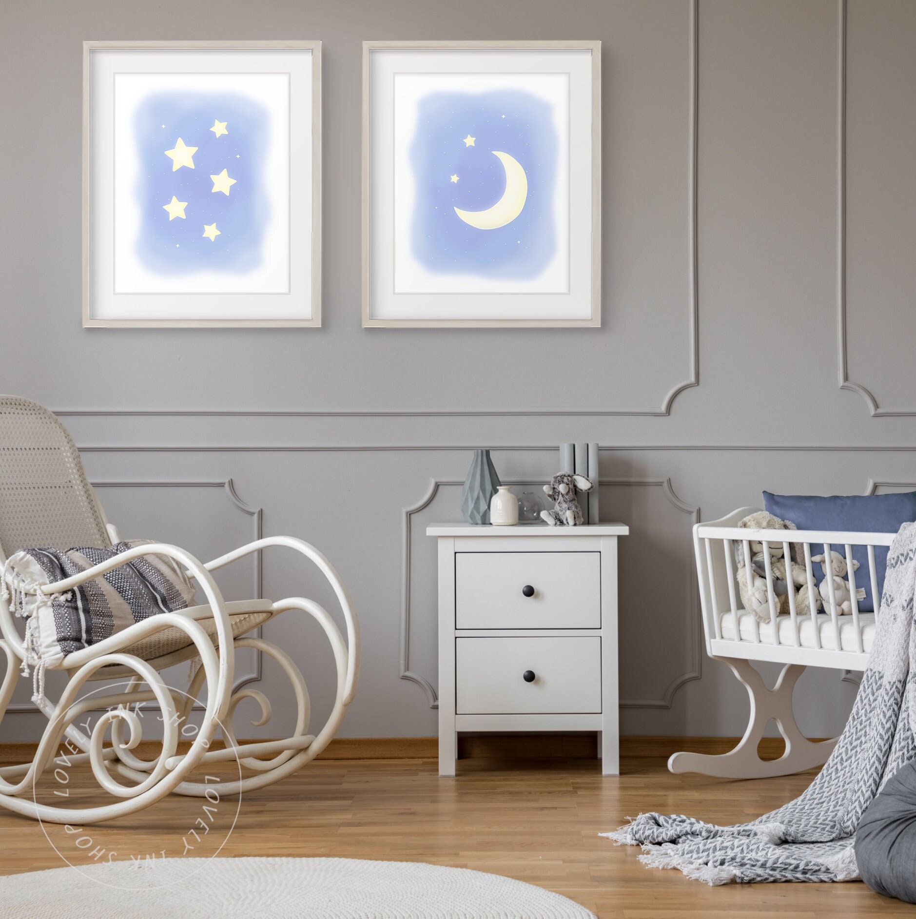 Moon and Stars Night Sky Printable Nursery Art - Kid's Room Decor ...