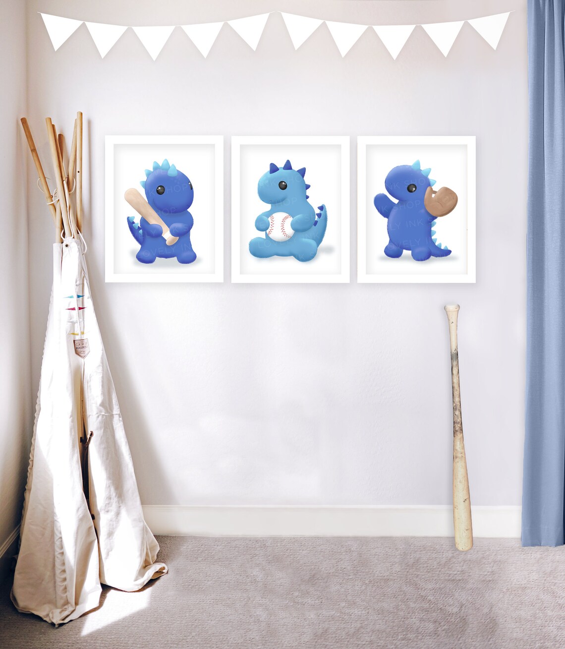 Baseball Dinosaurs Kid's Art Printable Blue Nursery Art | Etsy