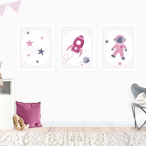 Pink Outer Space Astronaut Spaceship Printable Wall Art Pink | Etsy