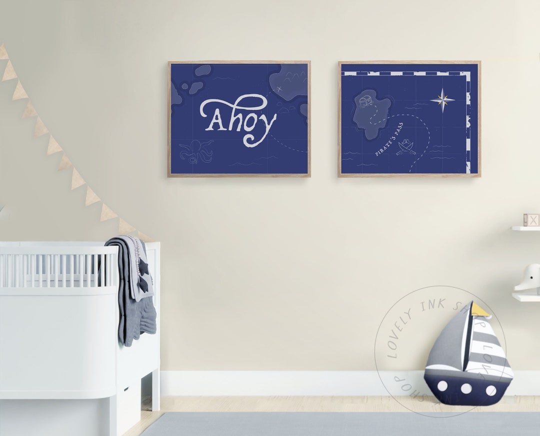 Nautical Nursery Art - Ahoy Poster Treasure Map Wall Art - Navy Blue ...