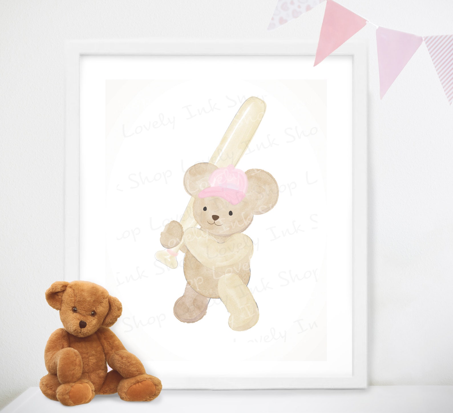 Pink Baseball Nursery Art Teddy Bear Playing Baseball | Etsy