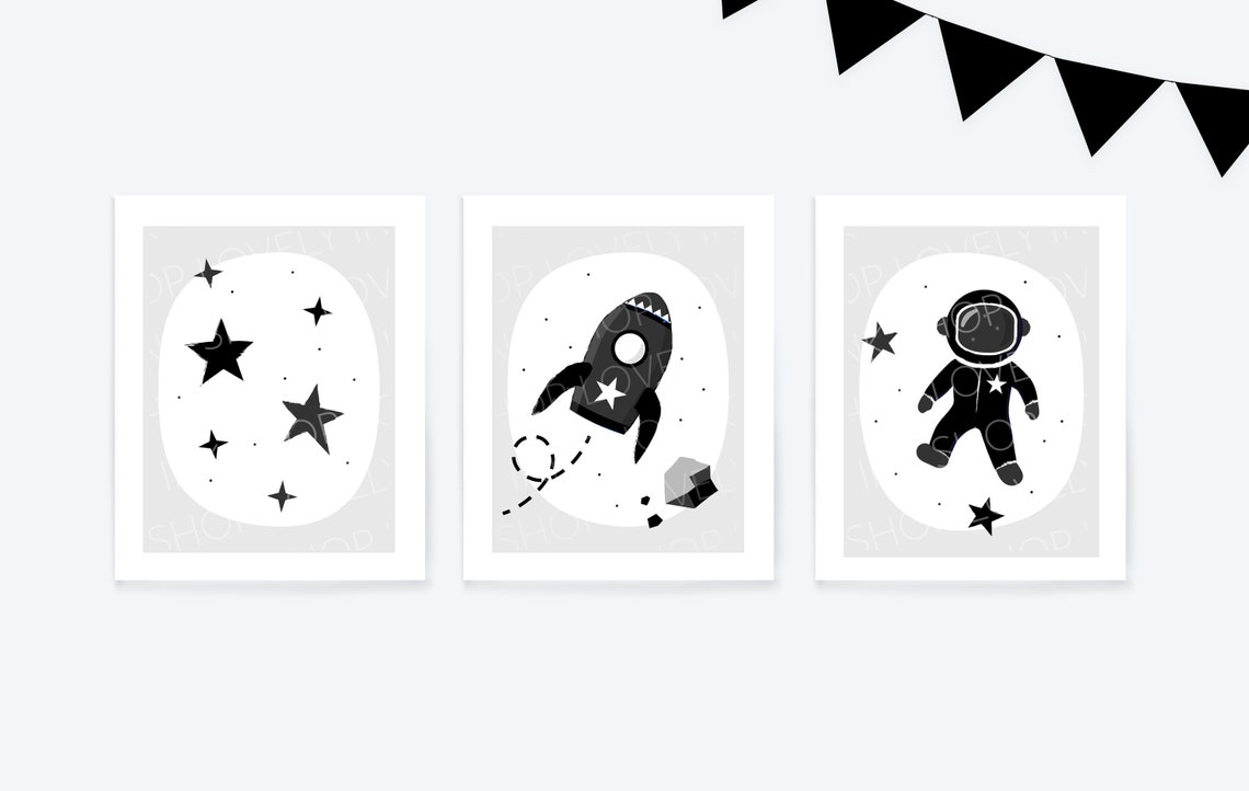 Monochrome Outer Space Astronaut Spaceship Printable Wall Art - Etsy