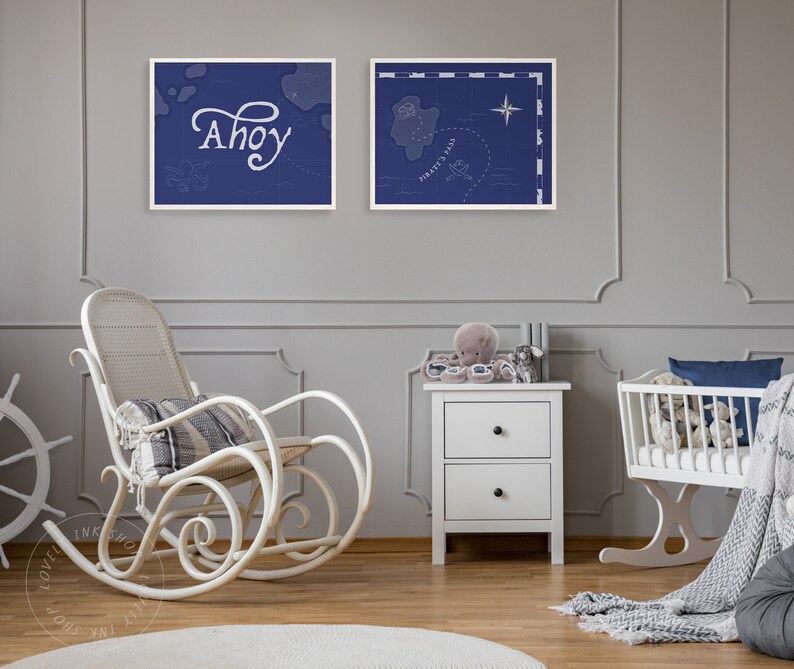 Nautical Nursery Art - Ahoy Poster Treasure Map Wall Art - Navy Blue ...