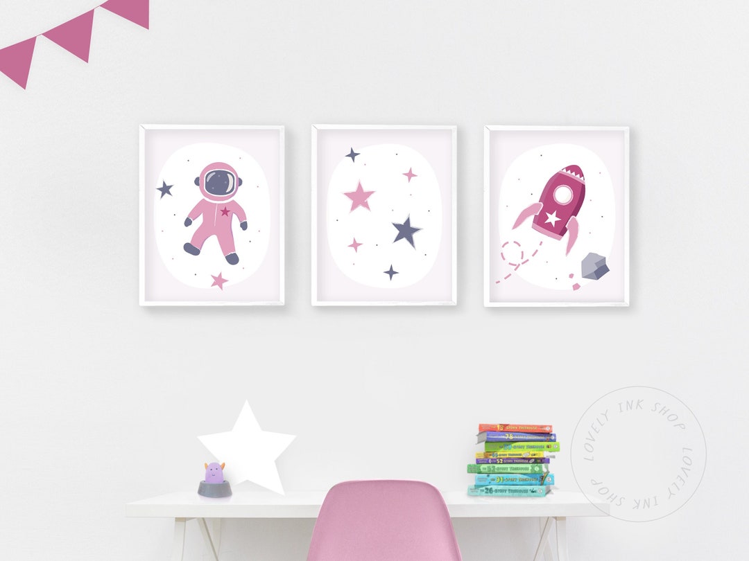 Pink Outer Space Astronaut Spaceship Printable Wall Art - Pink Outer ...