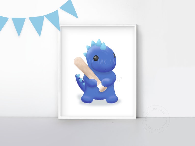 Baseball Dinosaurs Kid's Art - Printable Blue Nursery Art - Baseball ...