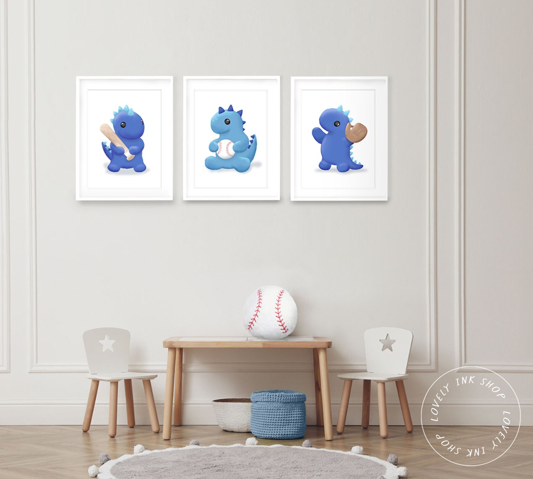 Baseball Dinosaurs Kid's Art - Printable Blue Nursery Art - Baseball ...
