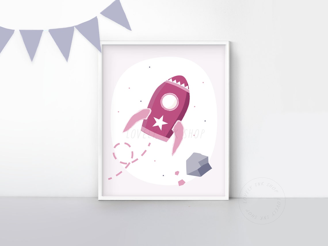 Pink Outer Space Astronaut Spaceship Printable Wall Art - Pink Outer ...