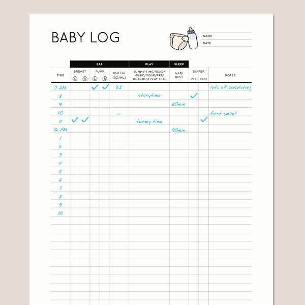 One Page Printable Baby Log Newborn Tracker Nanny Log Babysitter Log ...