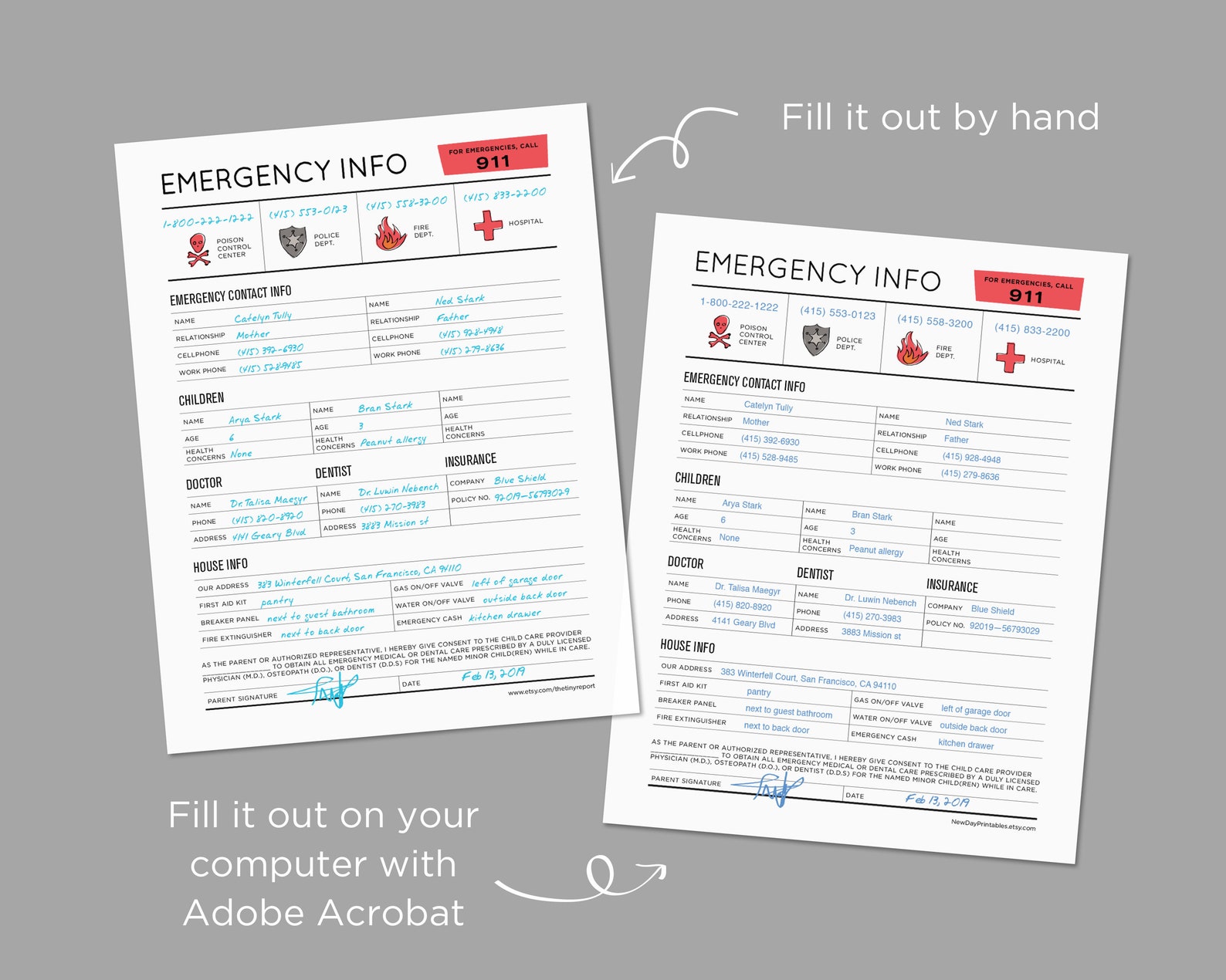 Emergency Contact Info Sheet: Contact Information for Nanny, Babysitter ...