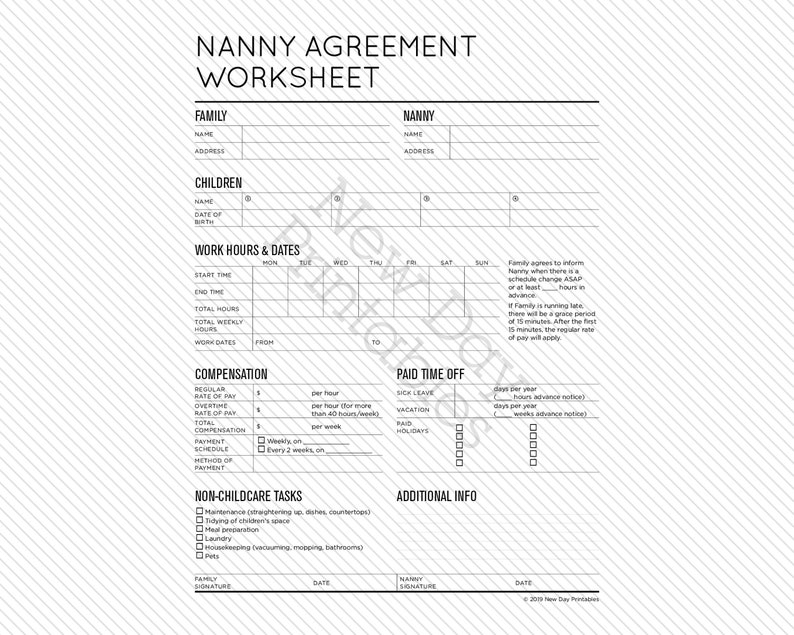 Nanny Agreement Worksheet: Nanny Contract Worksheet. Fillable PDF Form ...