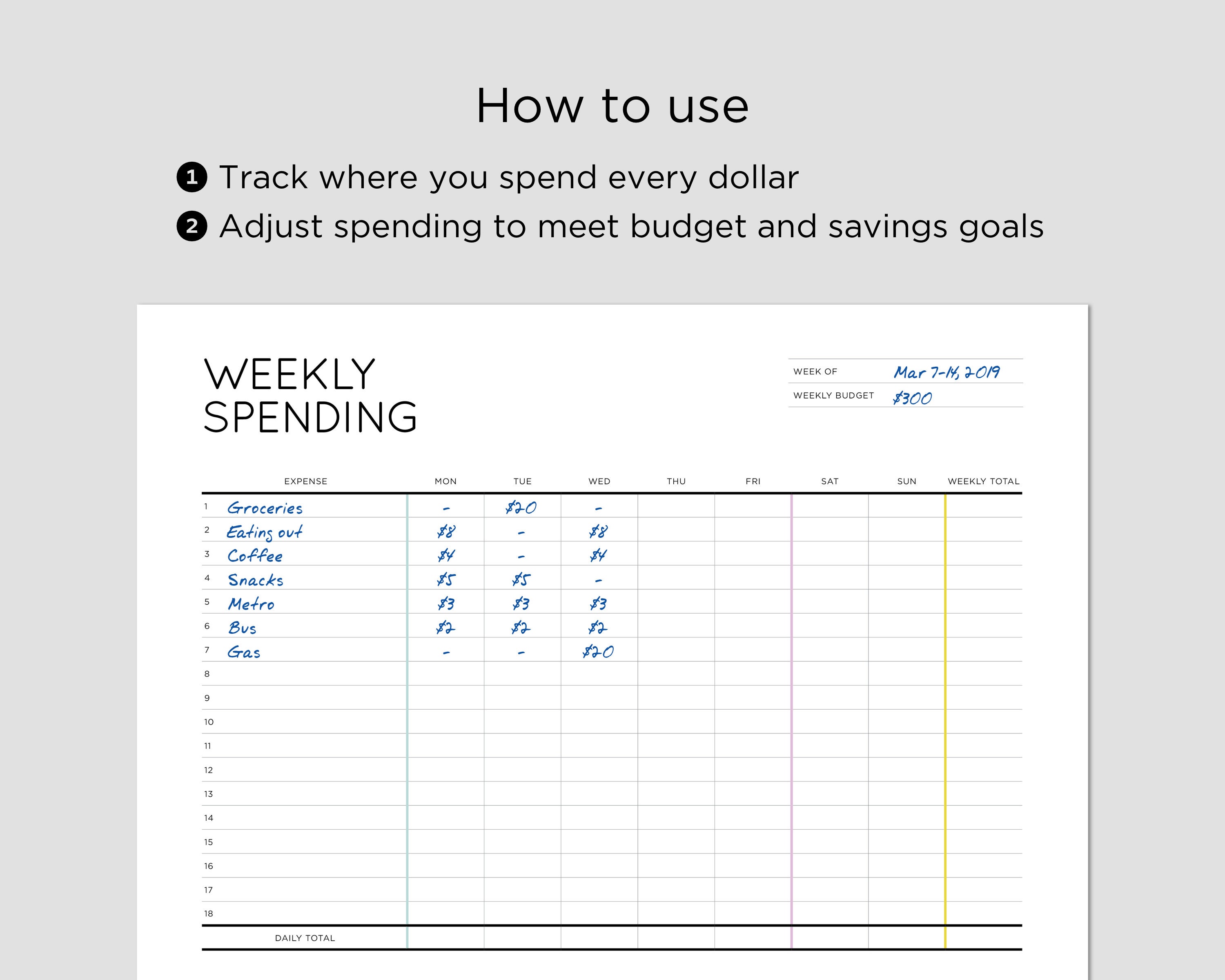 Weekly Spending Tracker to Log Daily Expenses. Printable, Instant ...