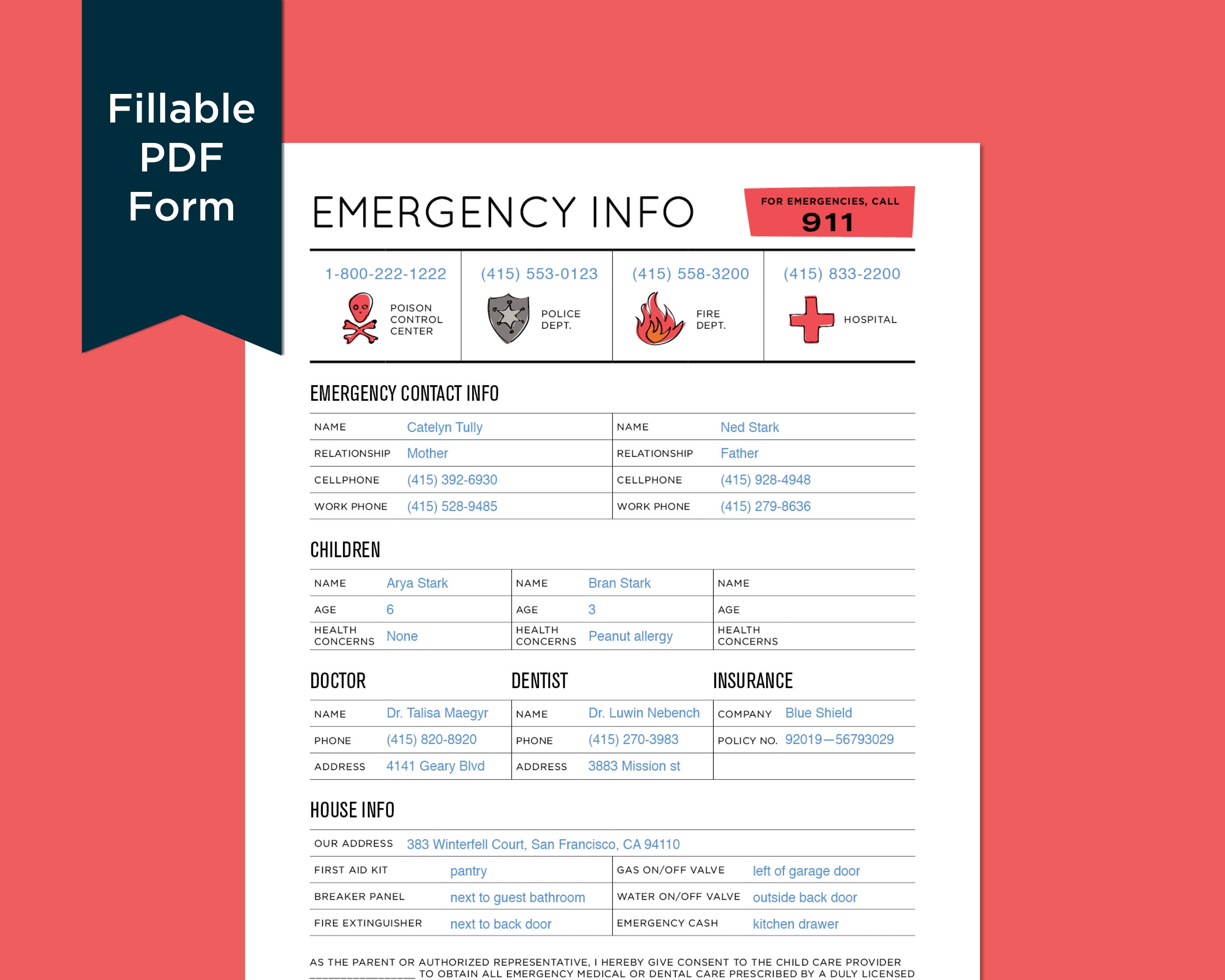 Emergency Contact Info Sheet: Contact Information for Nanny, Babysitter ...