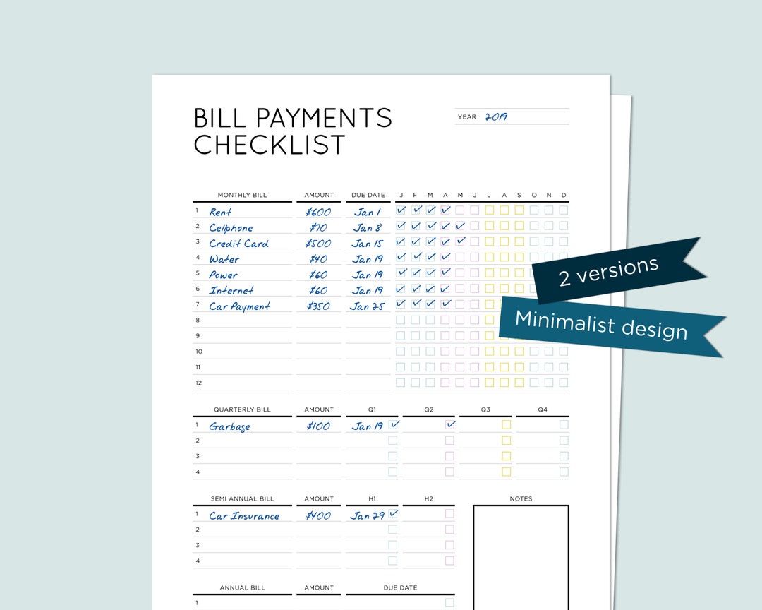Bill Payments Checklist (2 Versions) for Monthly, Quarterly, Semi ...