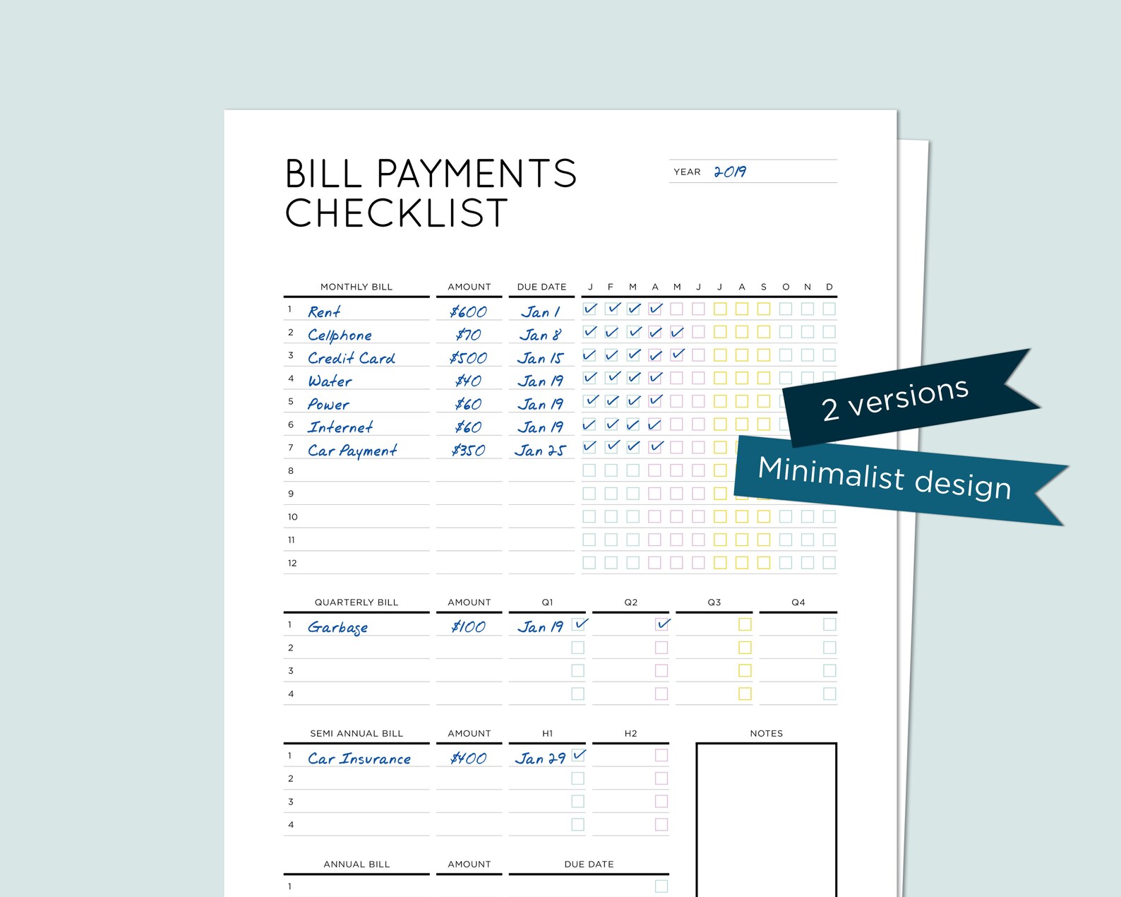 Bill Payments Checklist (2 Versions) for Monthly, Quarterly, Semi ...