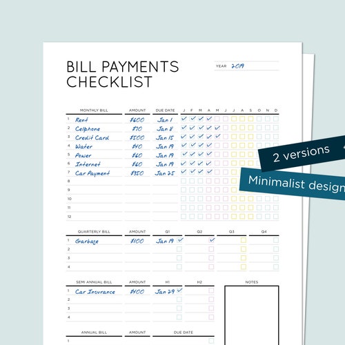 Bill Payments Checklist 2 Versions for Monthly Quarterly - Etsy