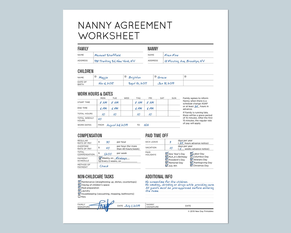 Nanny Agreement Worksheet: Nanny Contract Worksheet. Fillable PDF Form ...