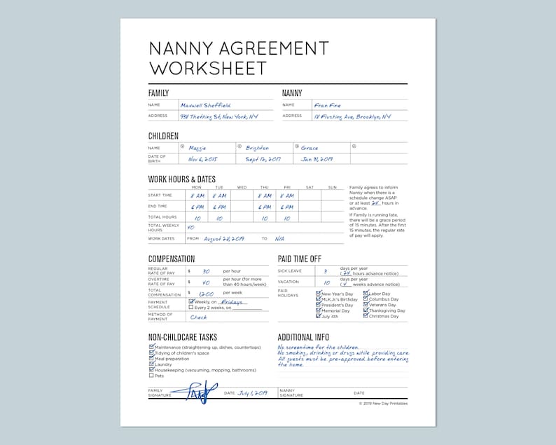 Nanny Agreement Worksheet: Nanny Contract Worksheet. Fillable PDF Form ...