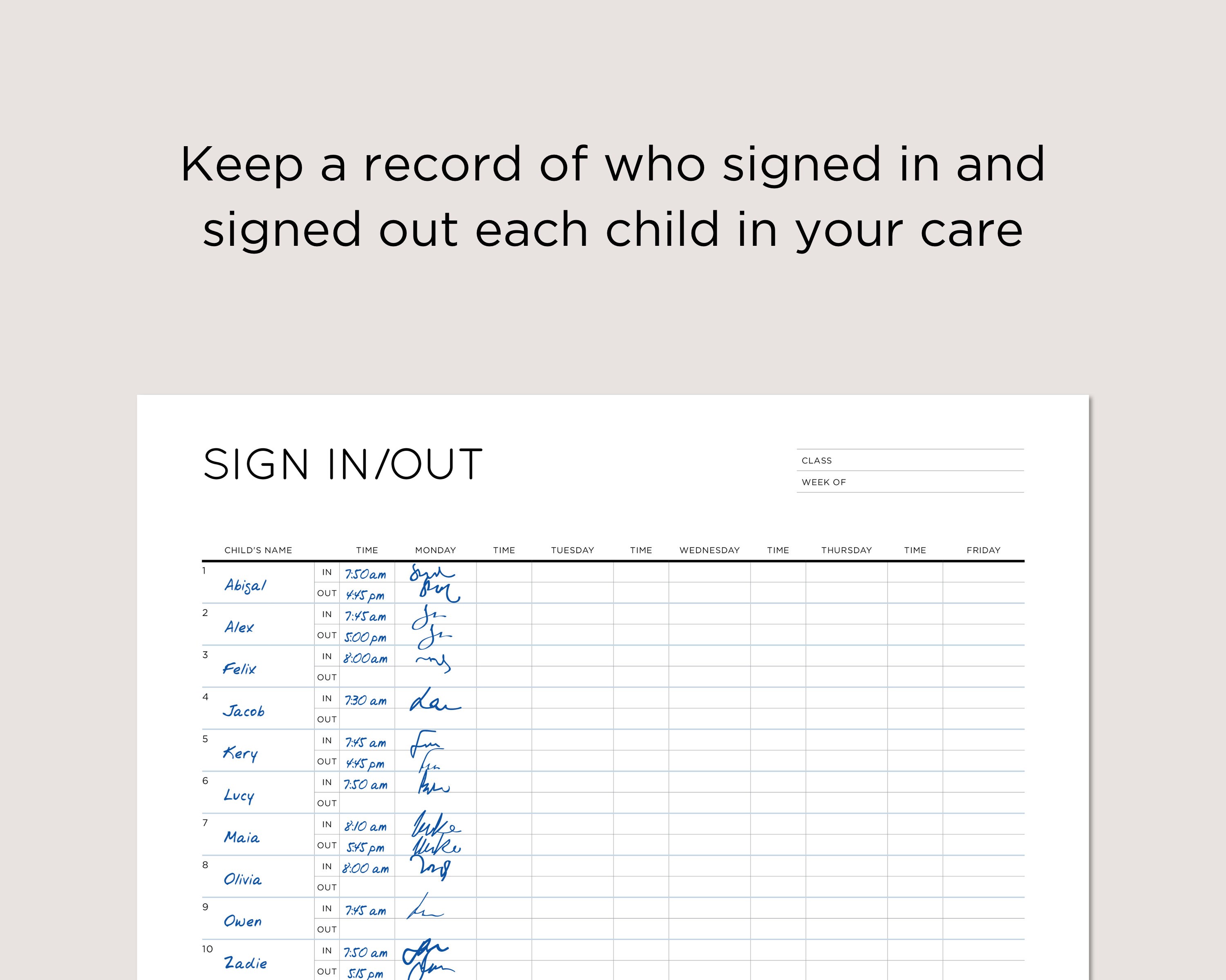 Home Daycare Sign In/out Log: Fillable PDF Template - Etsy