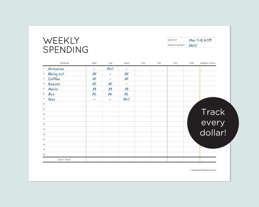 Weekly Spending Tracker to Log Daily Expenses. Printable, Instant ...