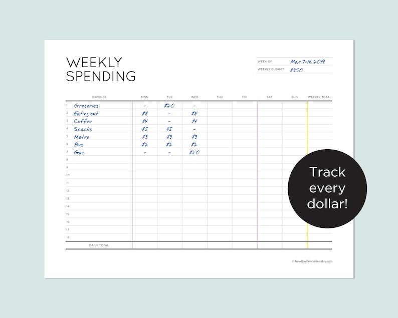 Weekly Spending Tracker to Log Daily Expenses. Printable, Instant ...