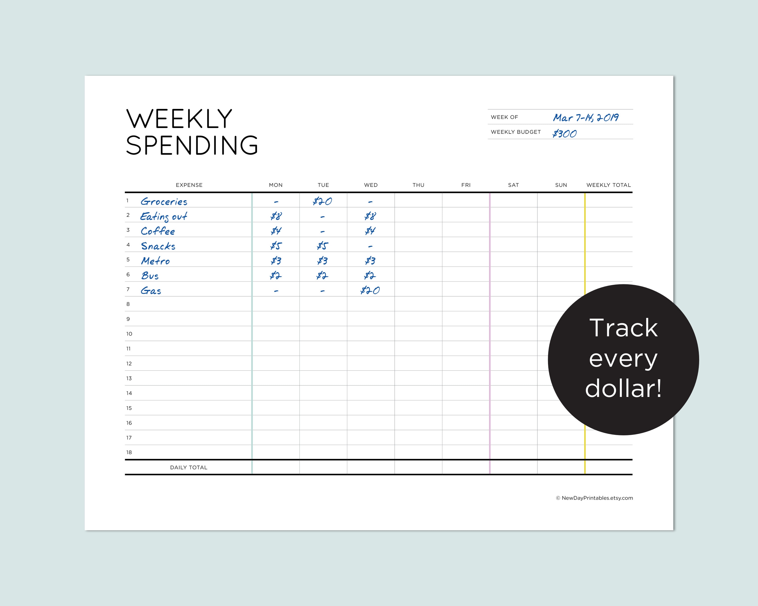 Flower Weekly Spending Tracker Printable Spending Tracker Spending Log ...