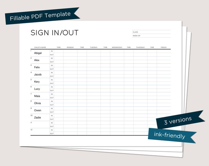 Daycare Monthly Sign in and Out, Student Name Print and Write, Sign in ...