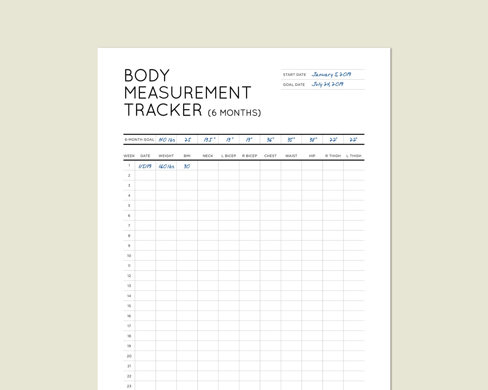 Body Measurement Tracker (6 Months). Printable Instant Download. - Etsy
