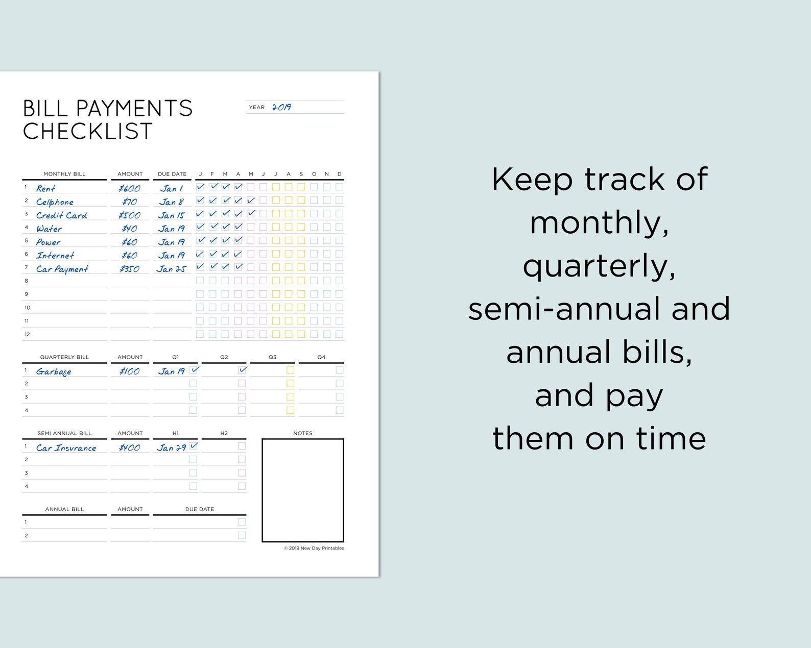 Bill Payments Checklist (2 Versions) for Monthly, Quarterly, Semi ...
