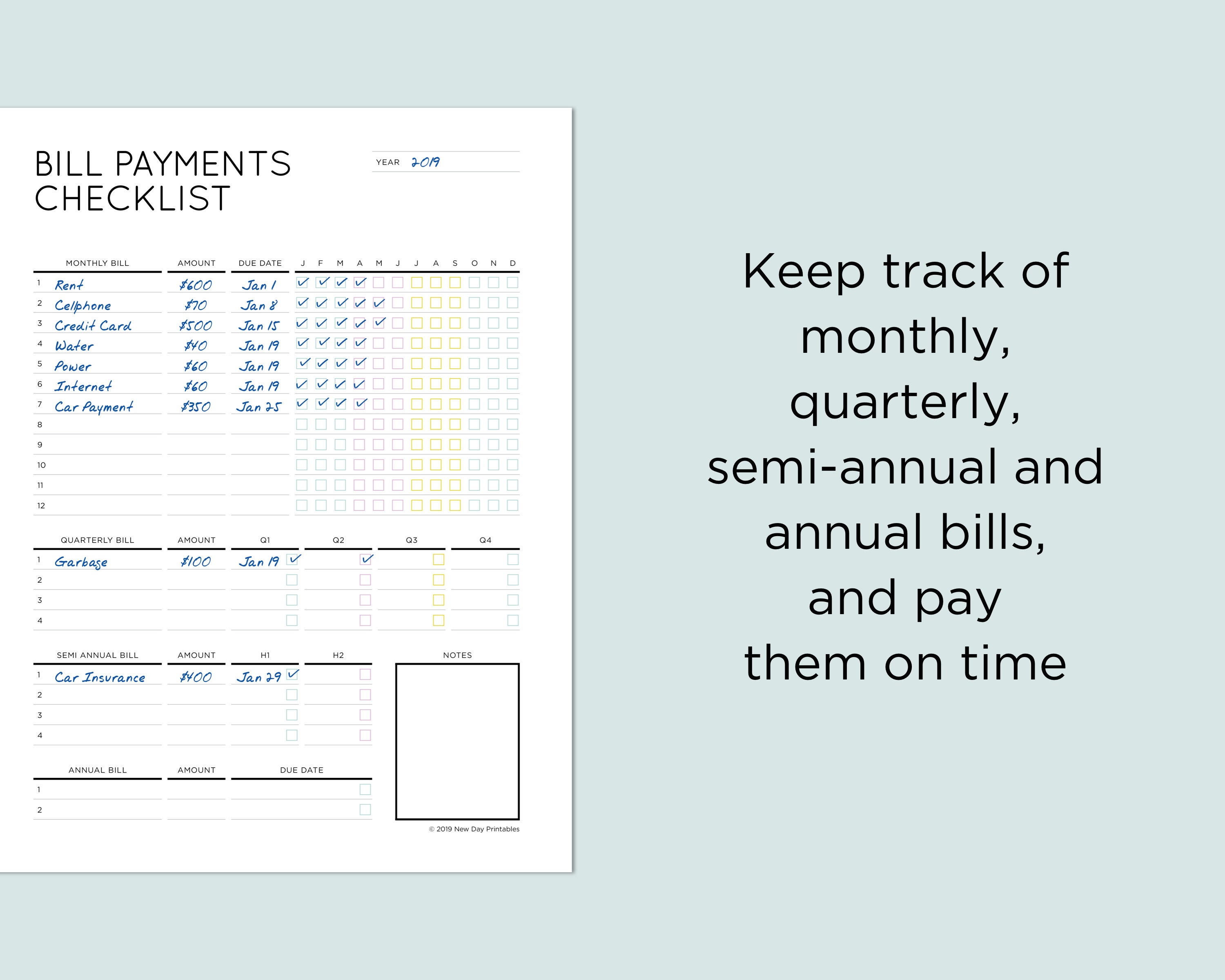 Bill Payments Checklist (2 Versions) for Monthly, Quarterly, Semi ...