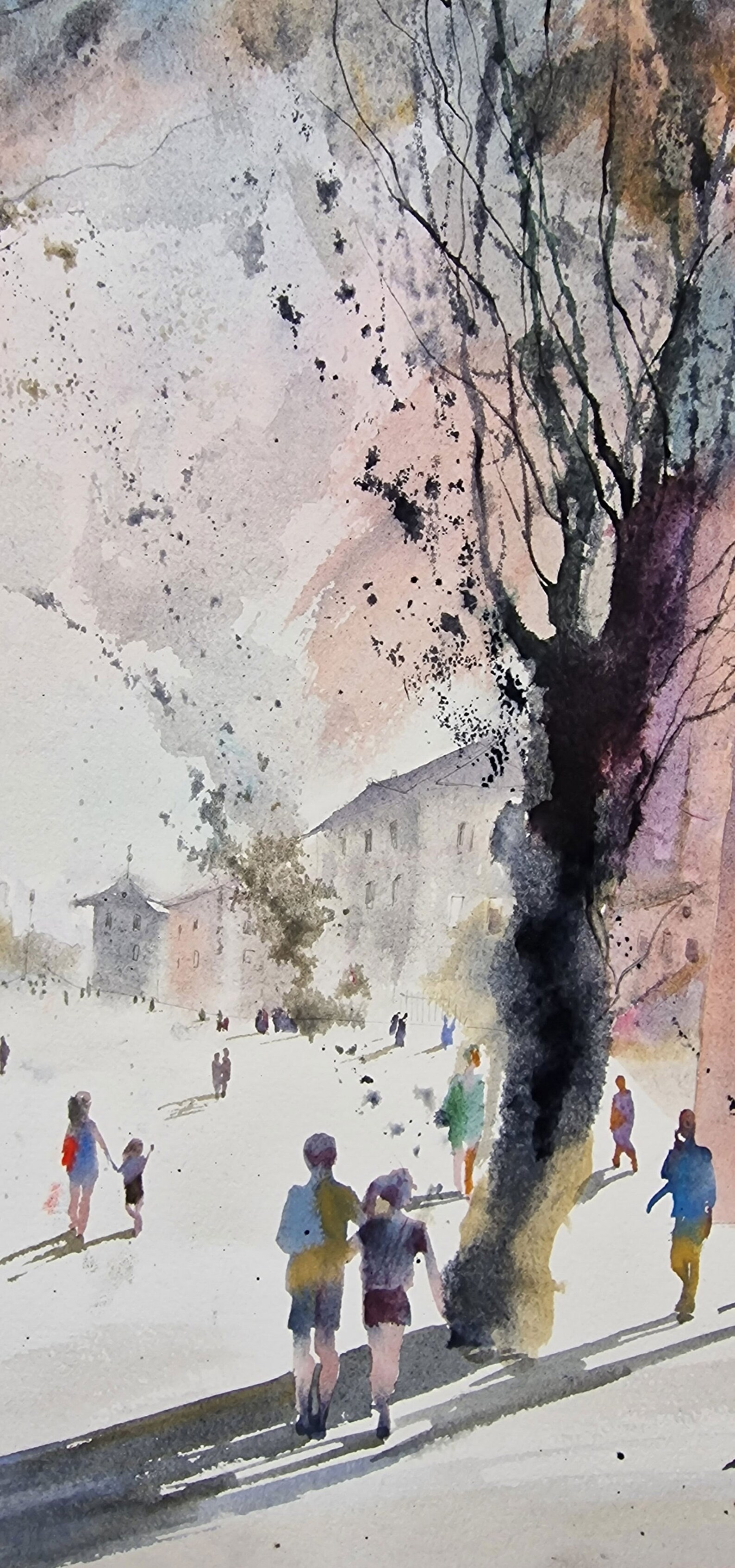Cityscape Big Trees Pink Houses Busy Street Walking People Illustration ...