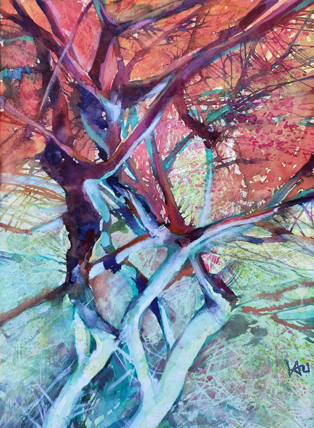 Abstract Red Green Tree Colorful Painting Abstract Landscape Tree ...