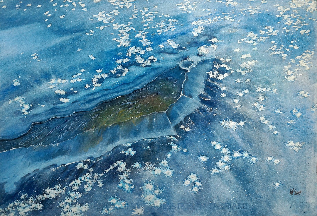 Original Abstract Blue Watercolor Landscape Modern Winter Abstraction ...