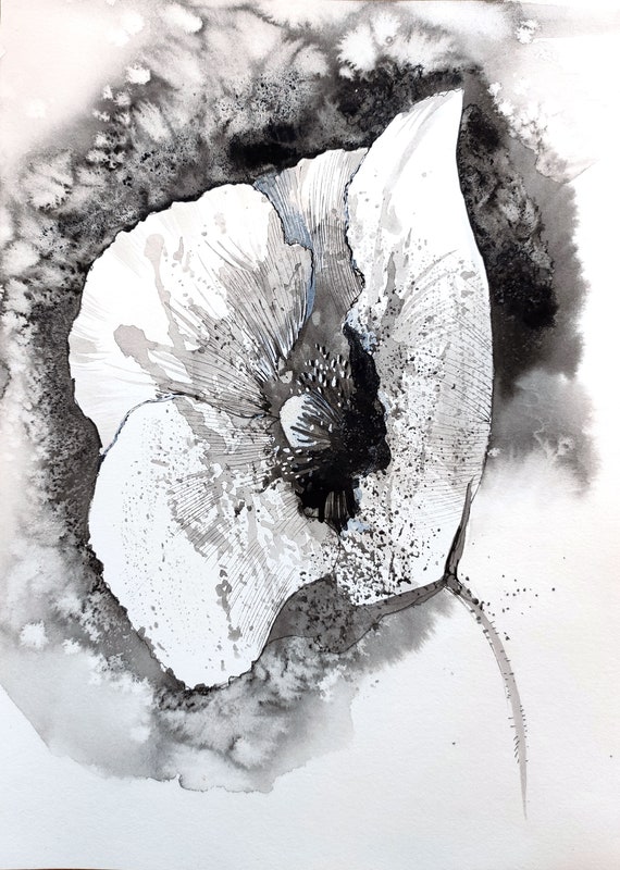 Monochrome poppy painting Poppy artwork Watercolor flowers | Etsy
