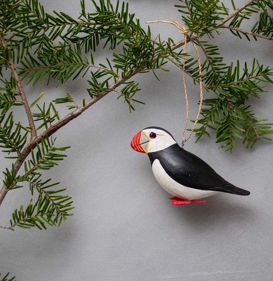 Hand Carved Wooden Puffin Ornament – 3"h | Hanging Coastal Bird Decor ...