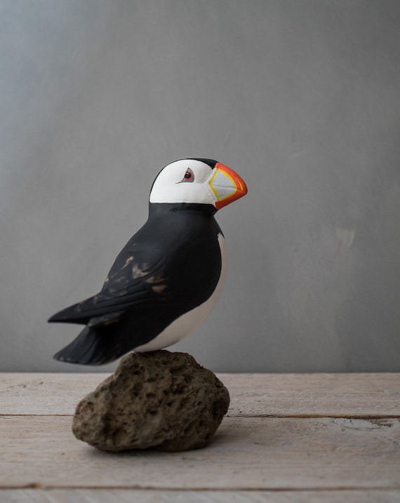 Puffin on Rock Hand Carved Wooden Bird 12h - Etsy