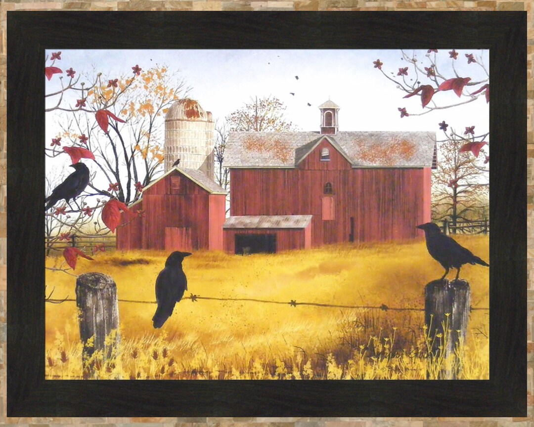 Autumn Gold by Billy Jacobs 22x28 Red Barn Crows Birds Fall 4 Seasons ...