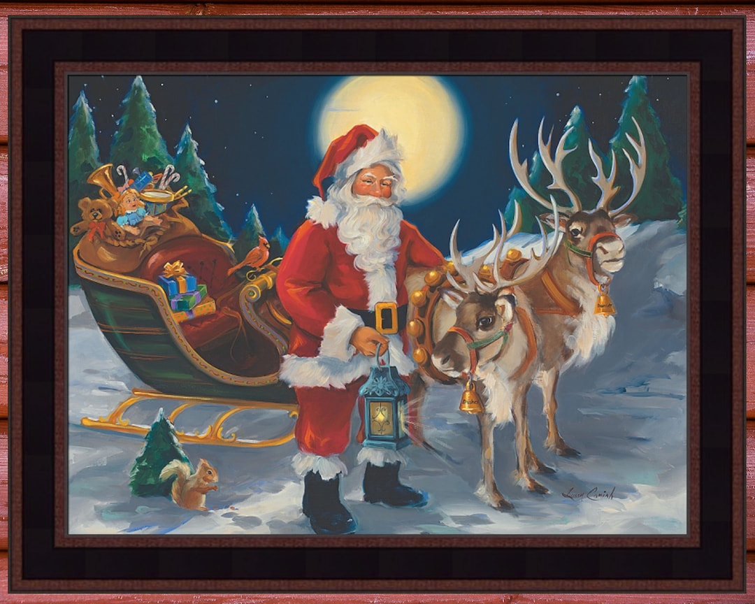 Santa With Lantern by Susan Comish 15x19 Reindeer Sleigh Mr Claus ...